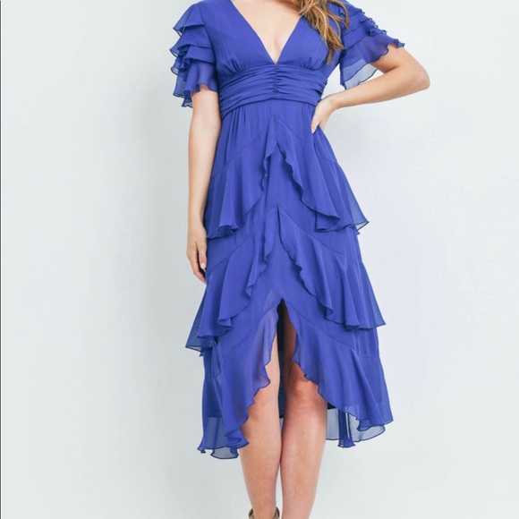 Dresses | Womens Pleated Asymmetrical Knee Length Maxi Long Vneck Royal Blue Dress Medium | Poshmark